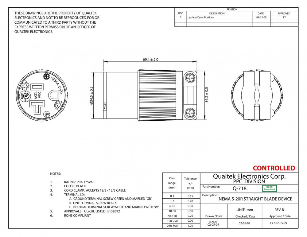 Q-718 NEMA 5-20R technical drawing