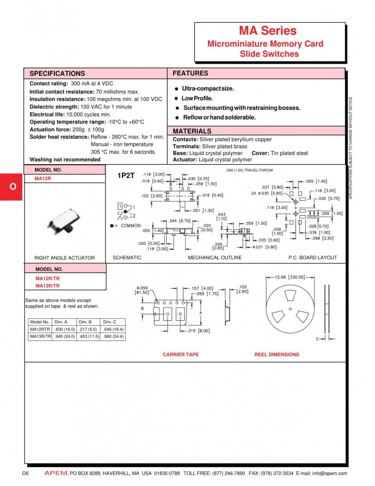 APEM MA12RTR technical document page