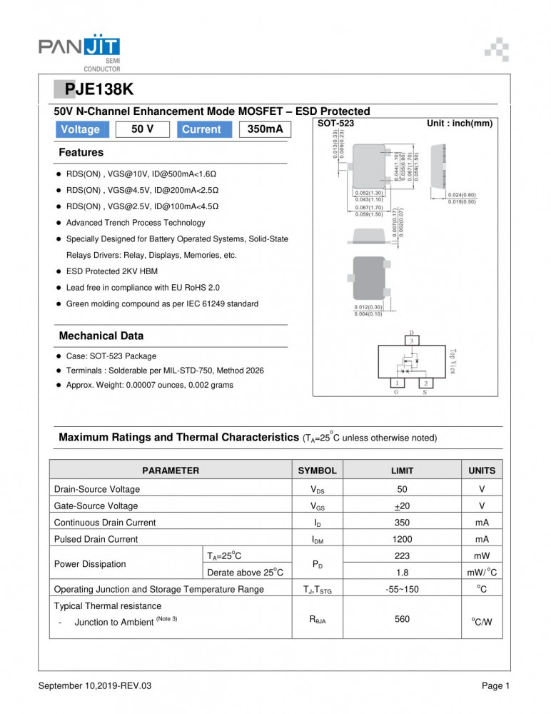 PJE138K datasheet page 1