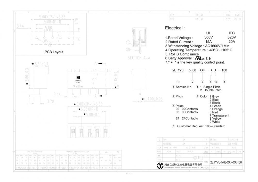 Toponelec 2ETYVC-5.08-10P-14-100 technical drawing