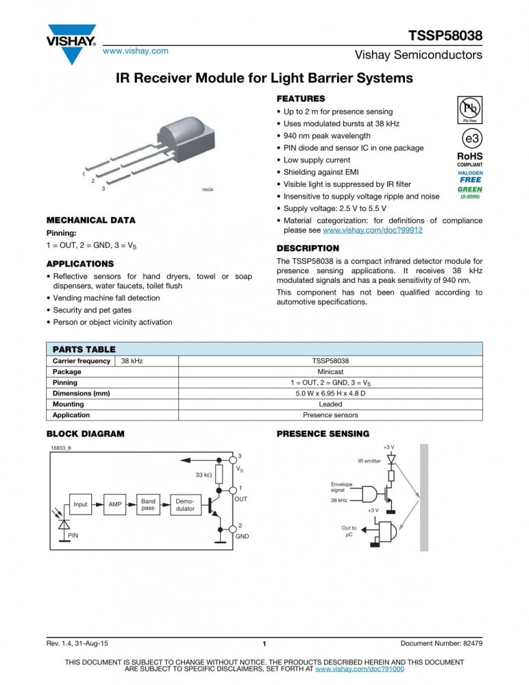 TSSP58038 datasheet page 1