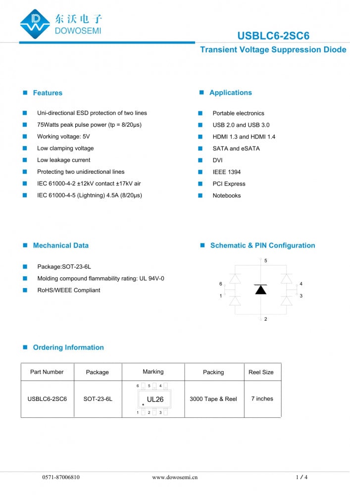 USBLC6-2SC6 datasheet page 1