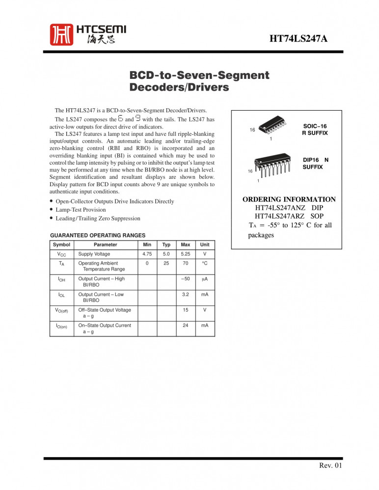 HT74LS247ANZ datasheet page 1