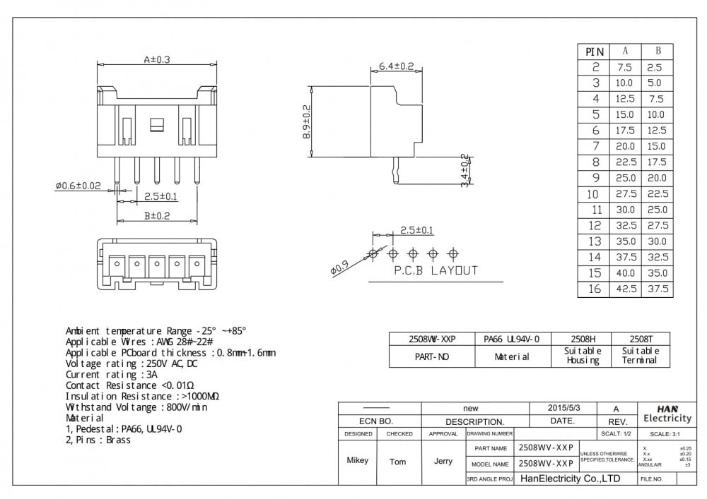 2508WV-05P technical drawing and specification page