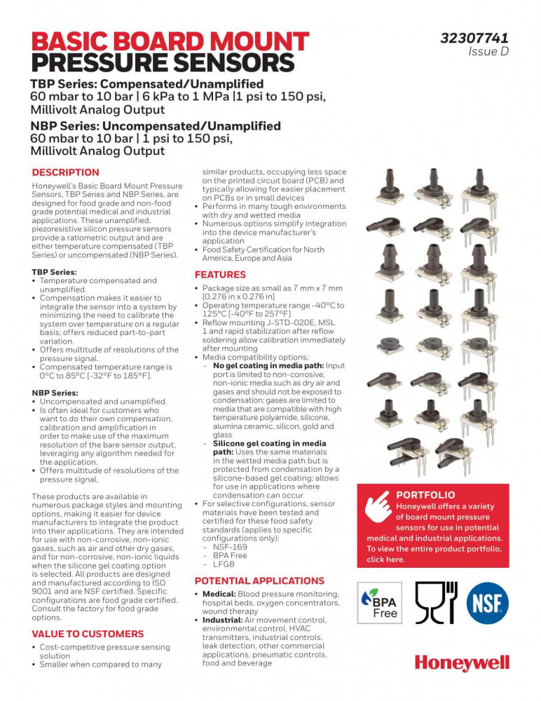 Honeywell TBP and NBP pressure sensor datasheet page 1