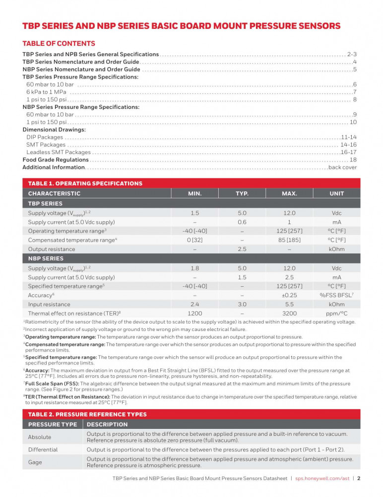 Honeywell TBP and NBP pressure sensor datasheet page 2