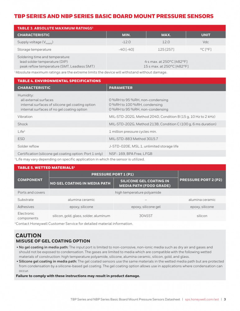 Honeywell TBP and NBP pressure sensor datasheet page 3
