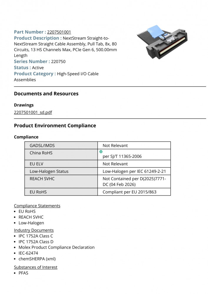 MOLEX 2207501001 product drawing, page 1