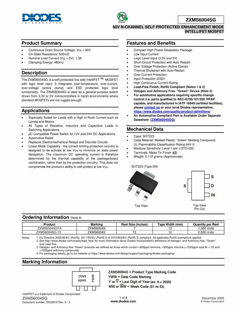 ZXMS6004SGTA datasheet page 1
