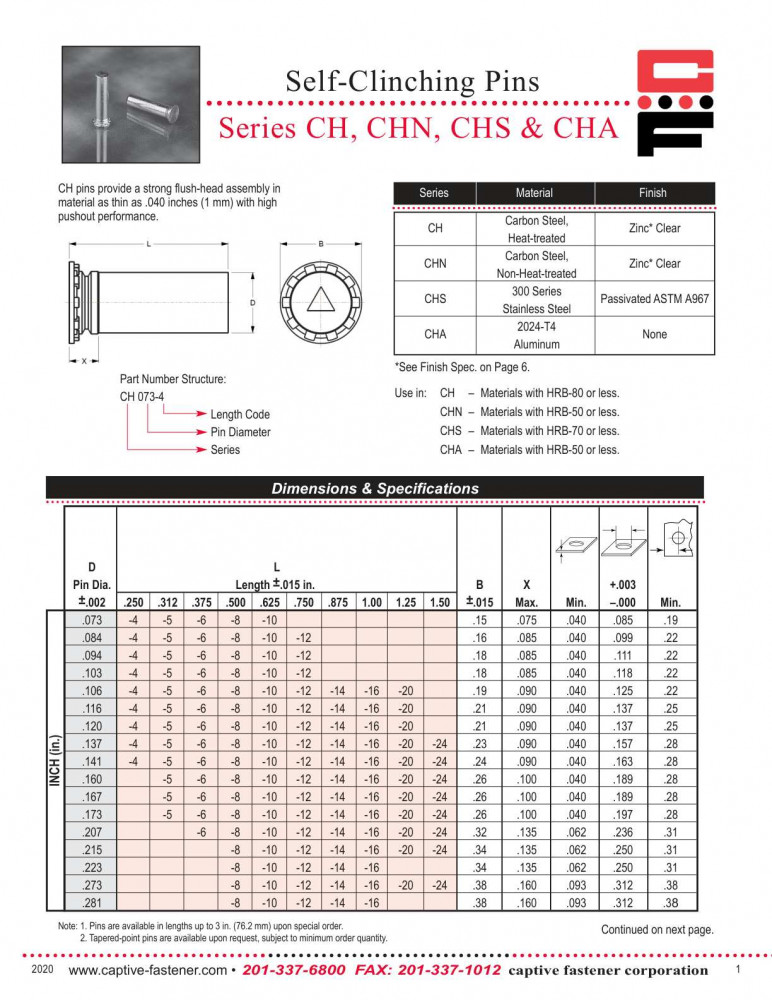 Captive Fastener CH pin technical document page 1