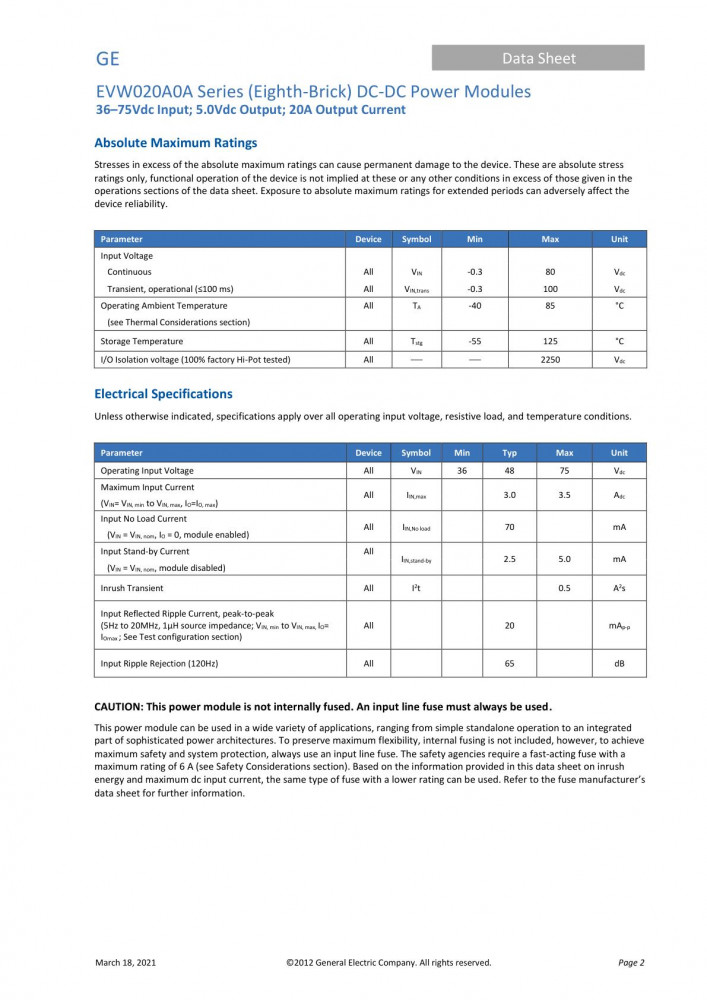 EVW020A0A641Z datasheet page 2
