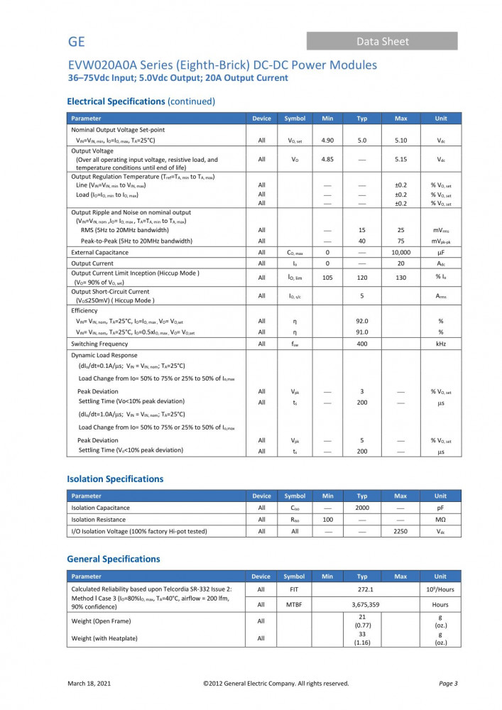 EVW020A0A641Z datasheet page 3