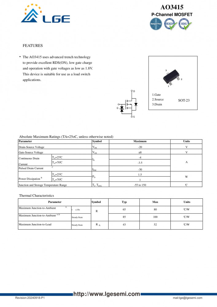 AO3415 datasheet page 1