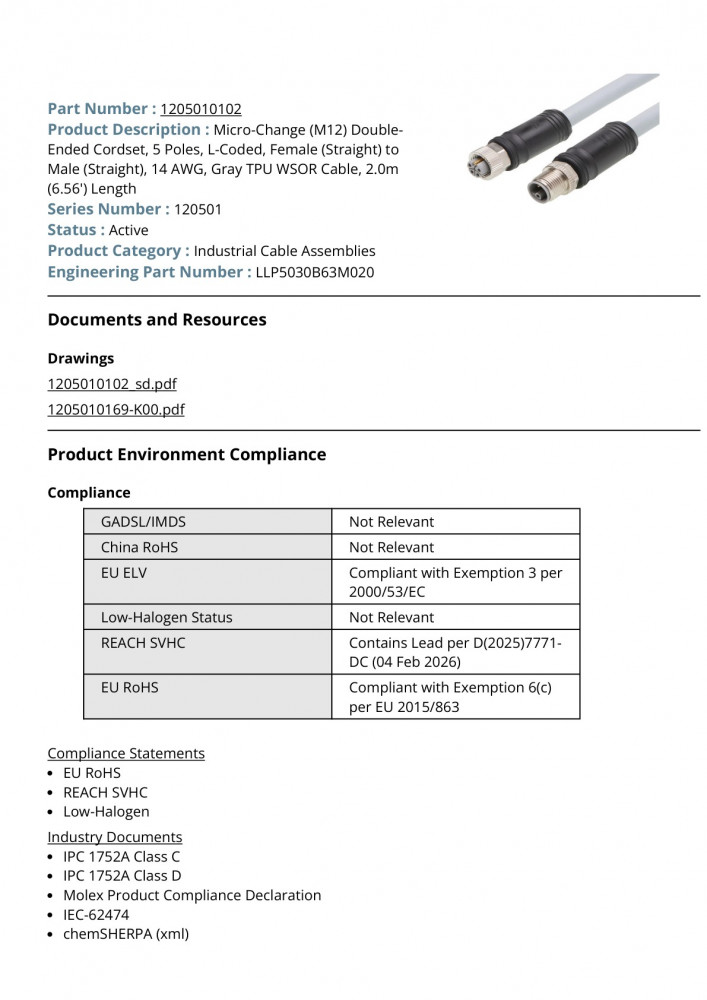 MOLEX 1205010102 technical document image, page 1