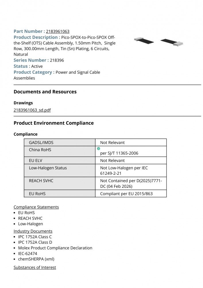 MOLEX 2183961063 product drawing, page 1