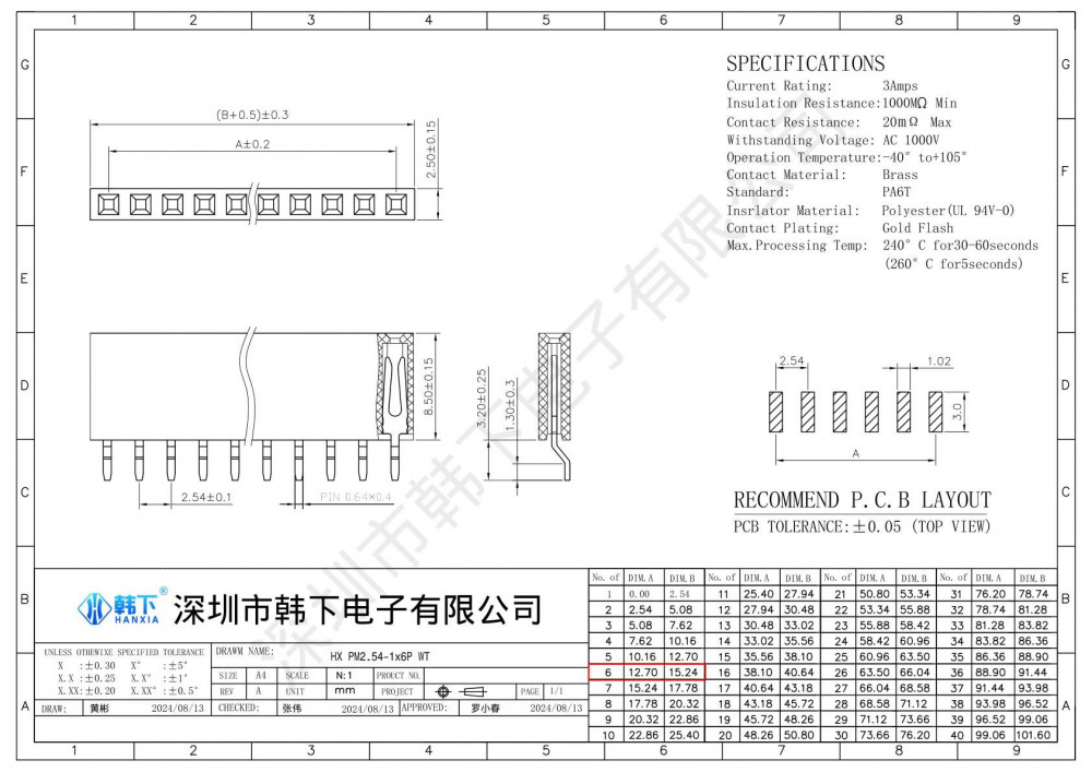 HX PM2.54-1x6P WT technical drawing