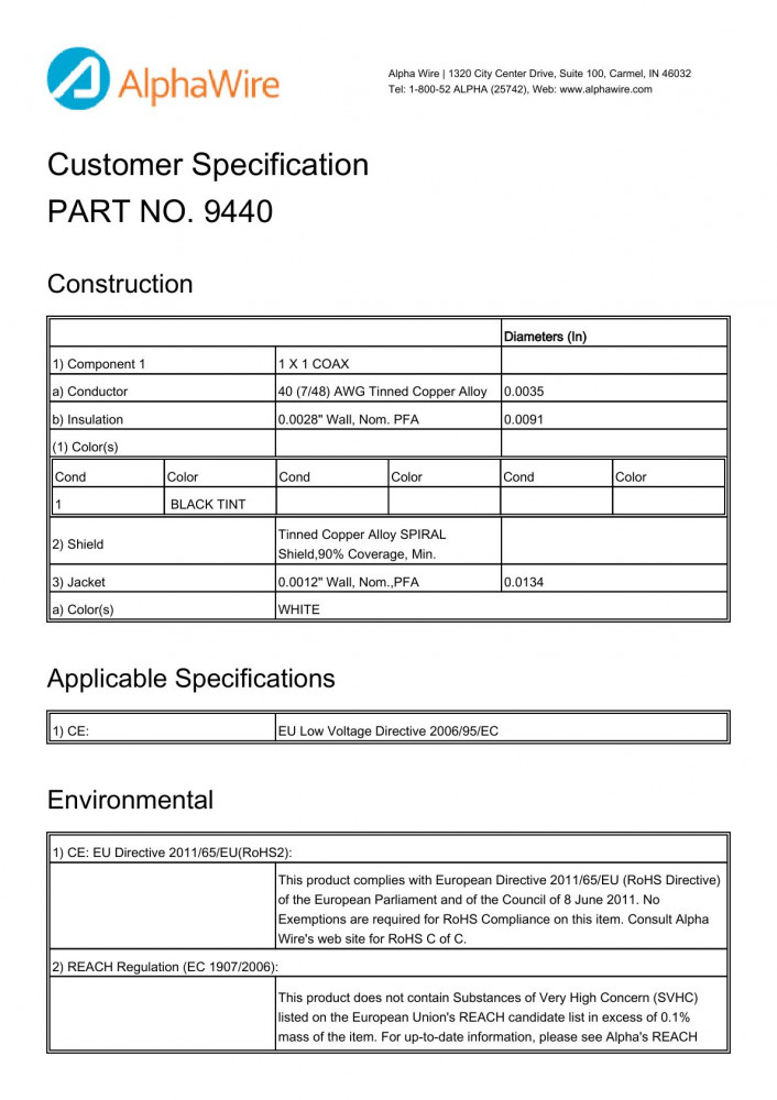 Alpha Wire 9440 specification page 1