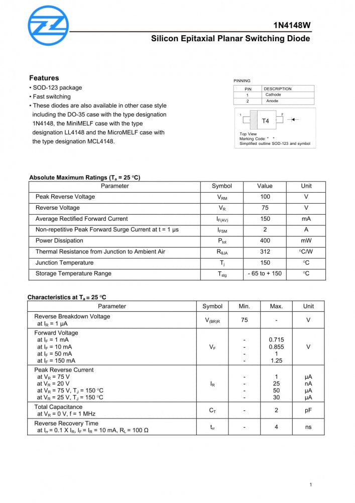 1N4148W technical document page 1