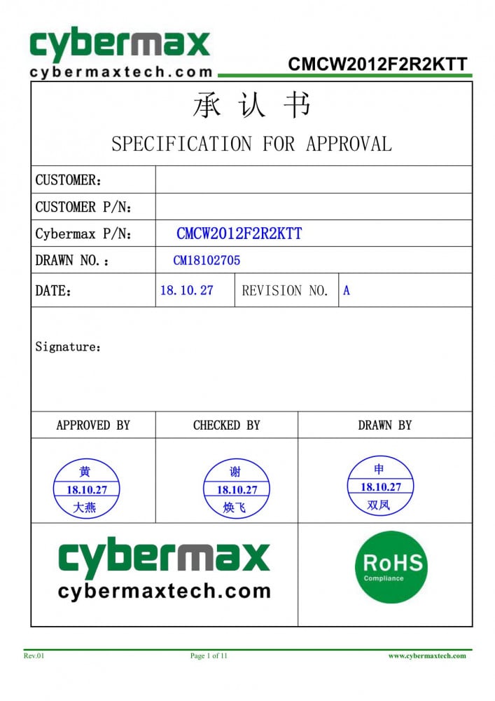 CMCW2012F2R2KTT datasheet page 1