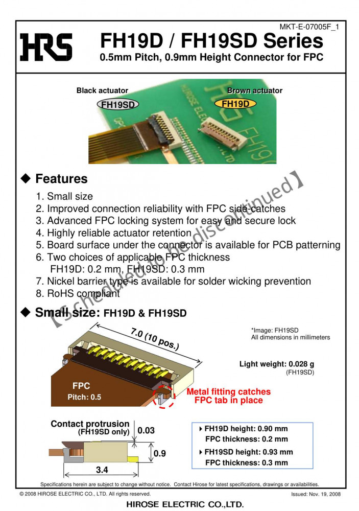 HRS FH19D and FH19SD series technical document page