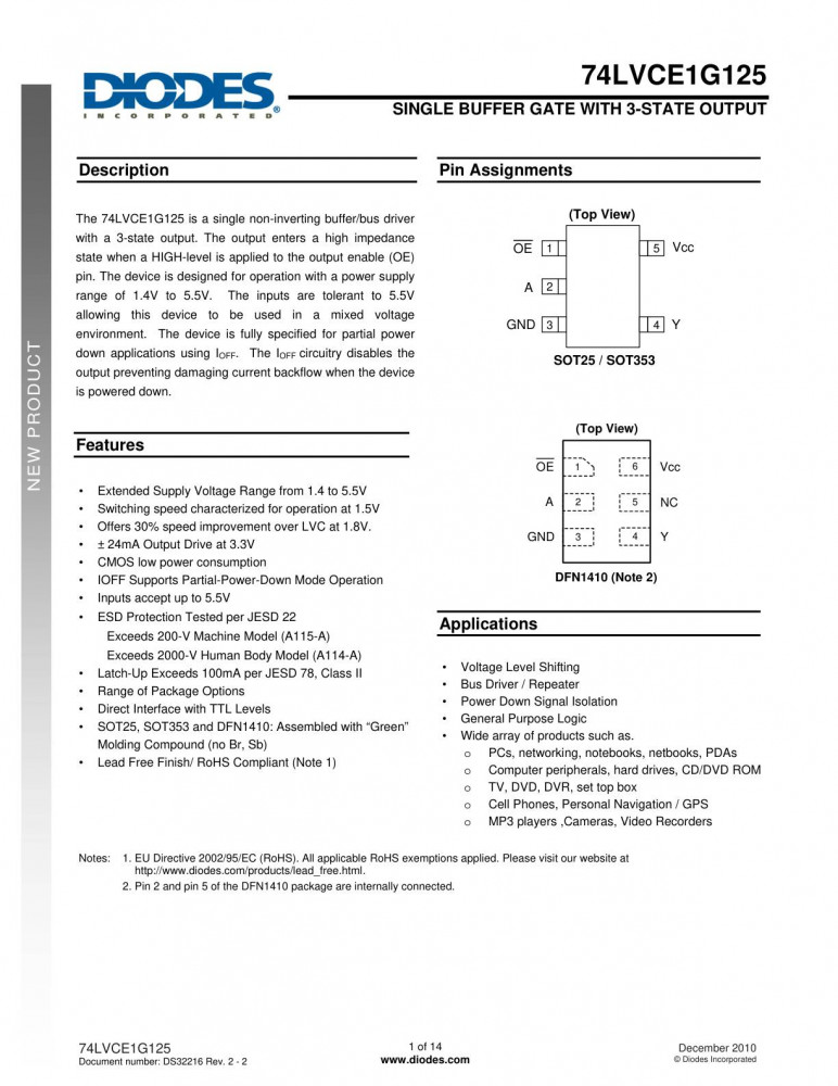74LVCE1G125SE-7 datasheet page 1