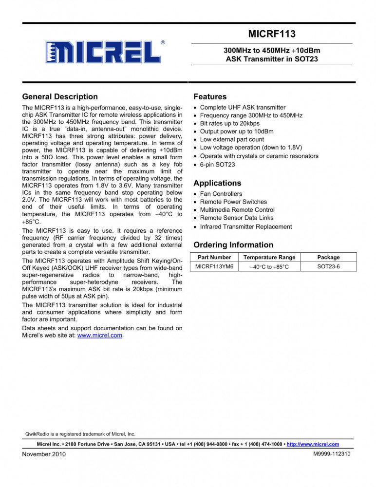 MICRF113 datasheet page 1