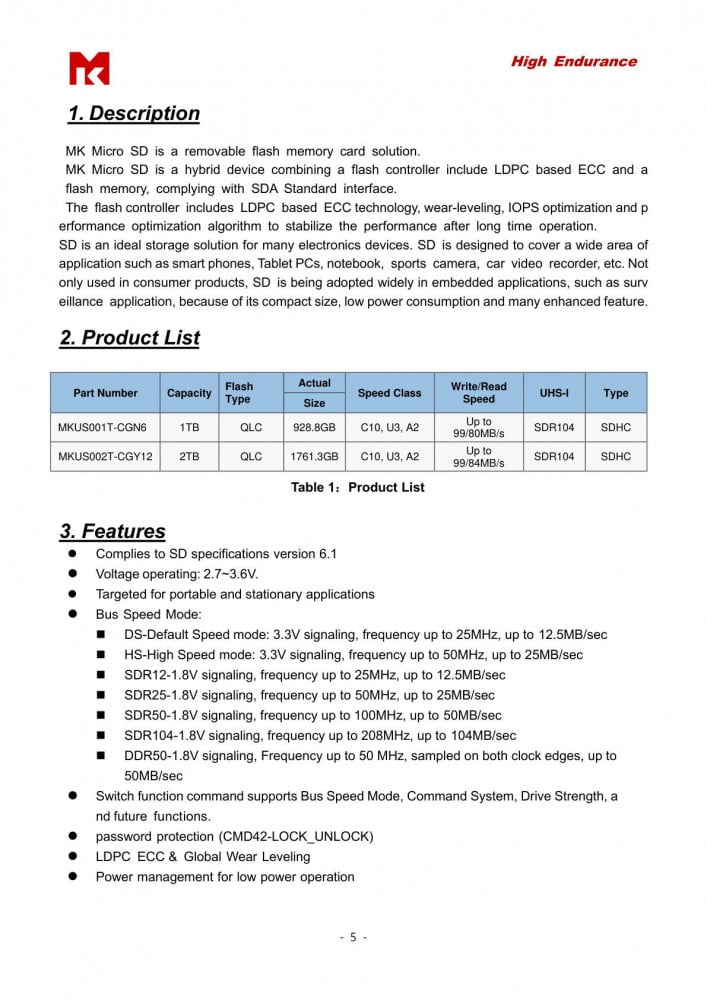 MK Micro SD datasheet page 5