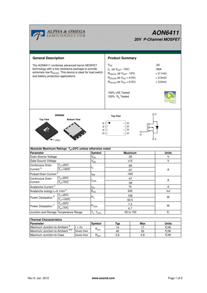 AON6411 datasheet page 1