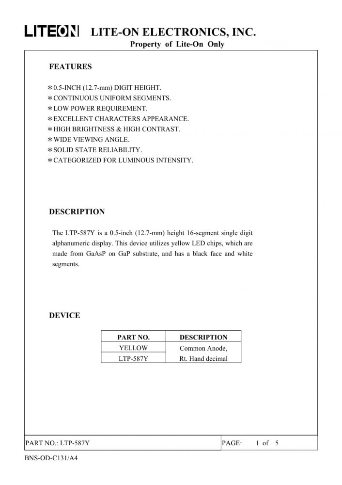LTP-587Y datasheet page 1