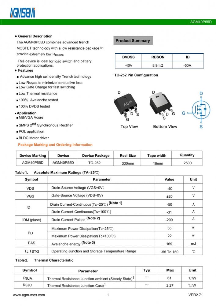 AGM40P55D datasheet page 1