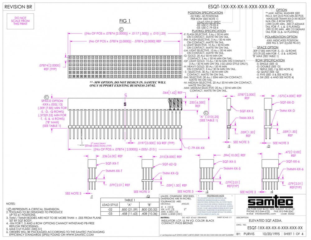 Samtec ESQT technical drawing page 1