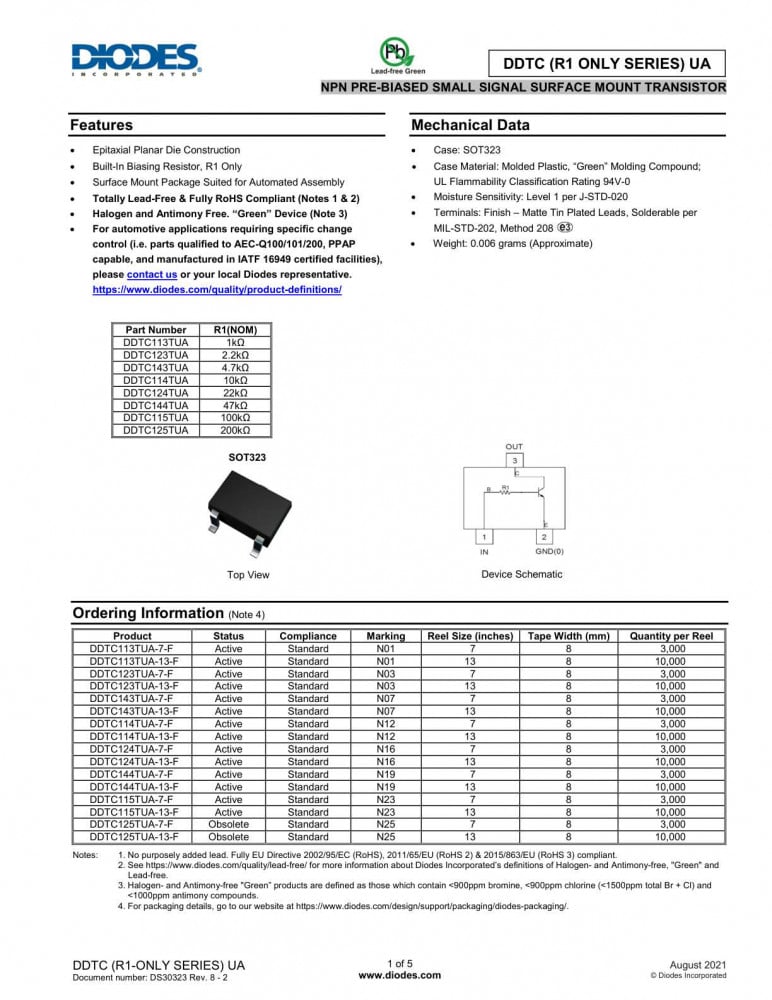 DDTC125TUA-7 datasheet page 1