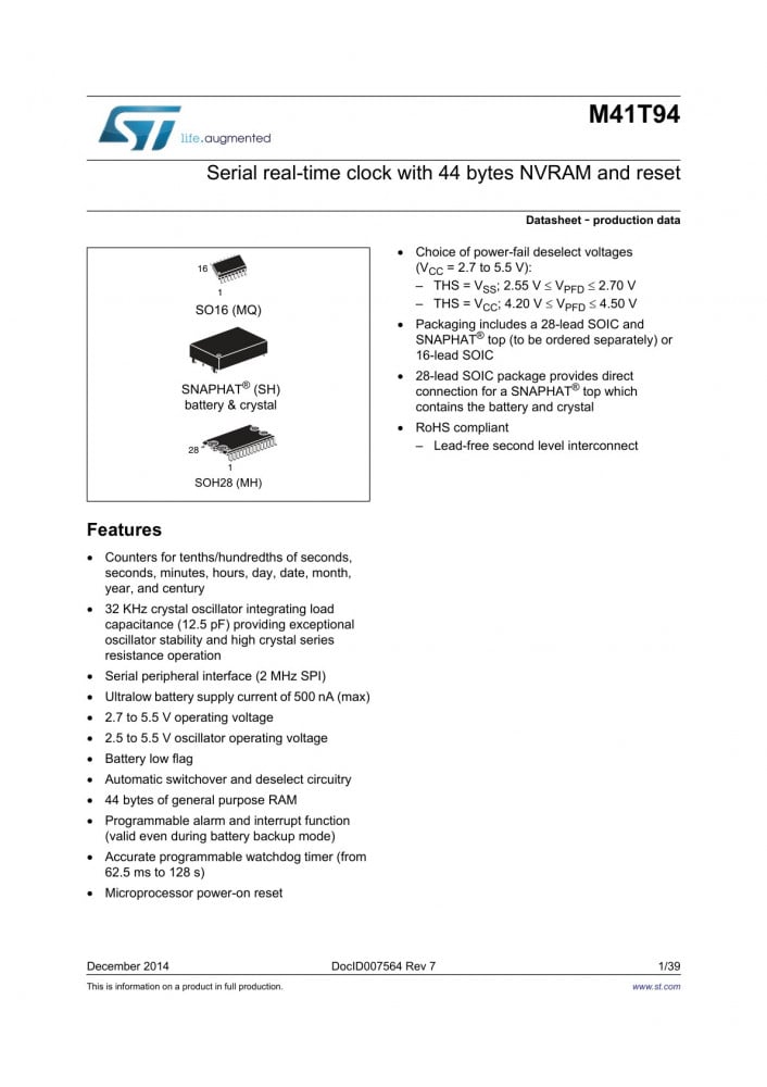 M41T94MH6F datasheet page 1