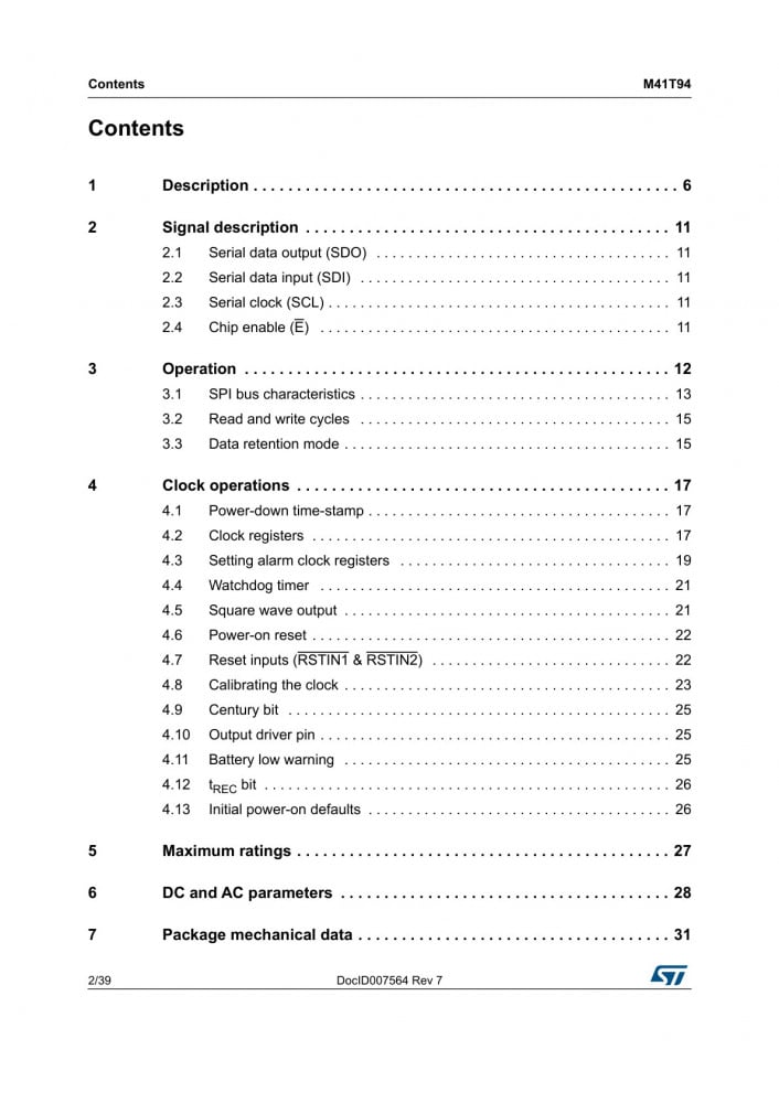 M41T94MH6F datasheet page 2