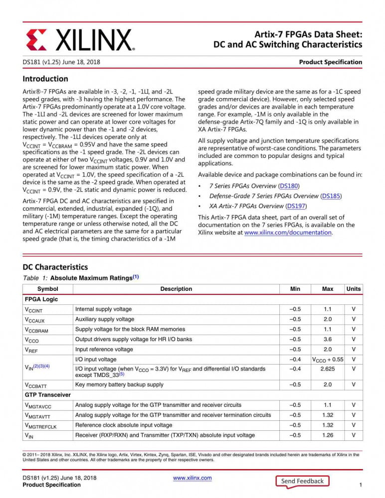 Artix-7 datasheet page 1