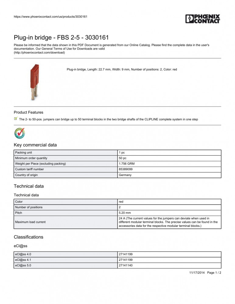 Phoenix Contact FBS 2-5 3030161 product document page 1