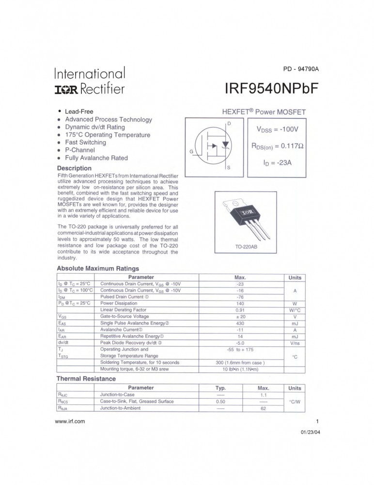IRF9540NPBF datasheet page 1