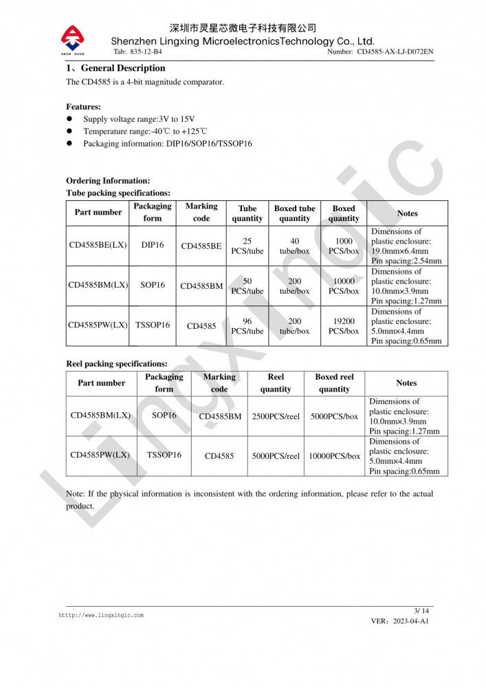 CD4585BM(LX) datasheet page 3