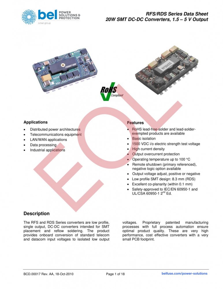 Bel Fuse RDS series datasheet page 1