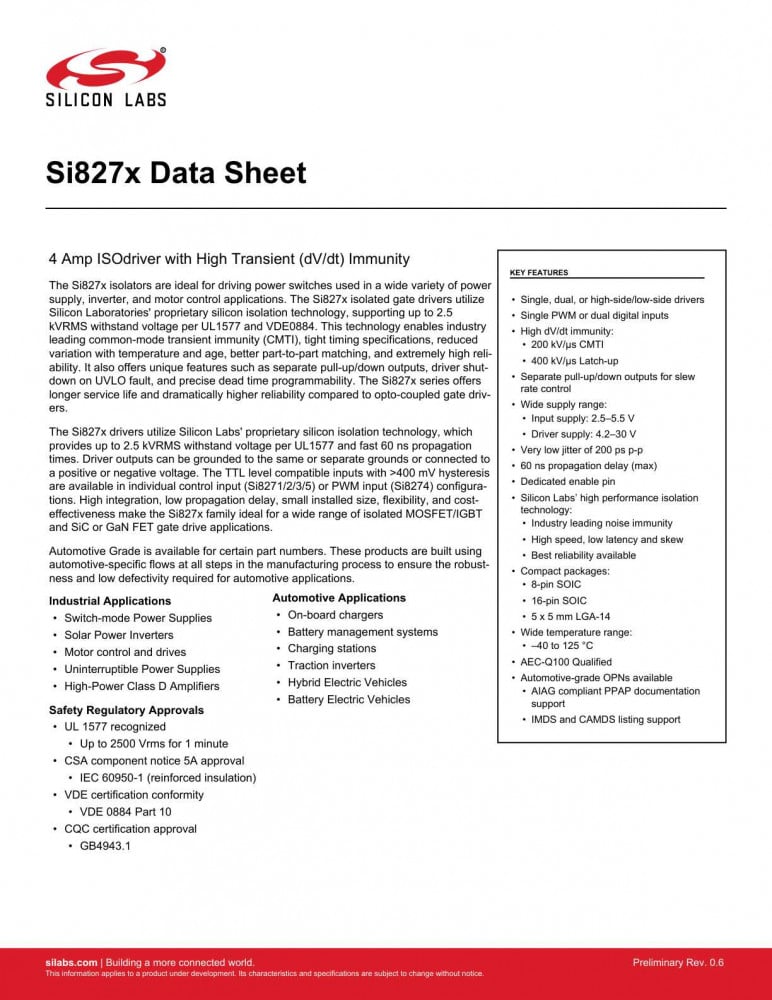 SI827x datasheet page 1