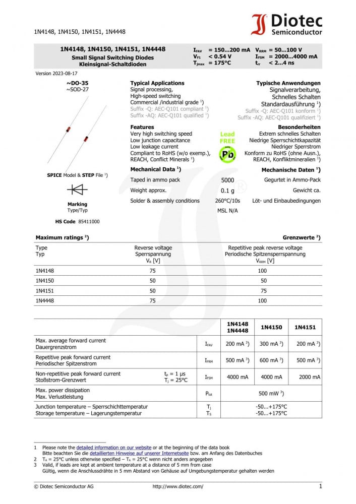 DIOTEC 1N4448 datasheet page 1