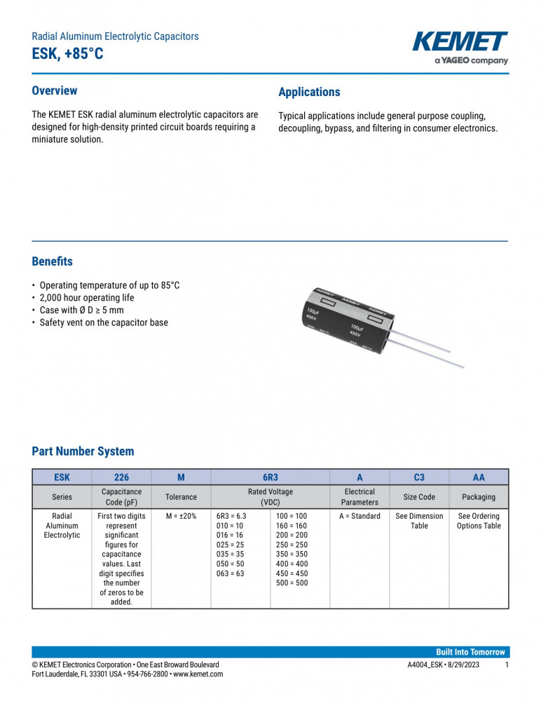 KEMET ESK series datasheet page 1