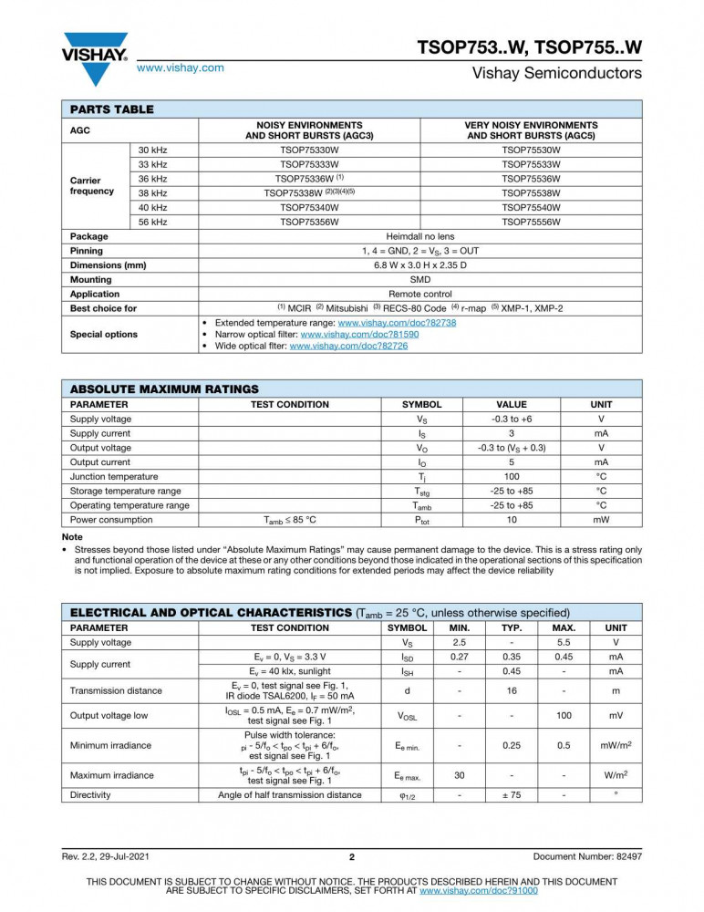 TSOP75540WTR datasheet page 2