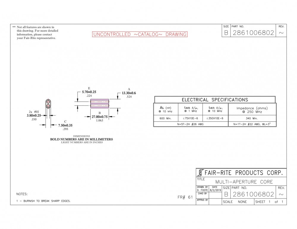 Fair-Rite 2861006802 multi-aperture core drawing