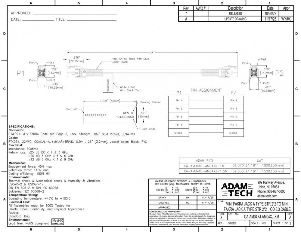 ADAM TECH cable assembly drawing, page 1