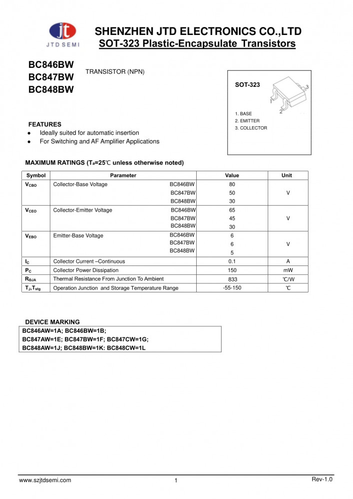 JTDBC847BW datasheet page 1