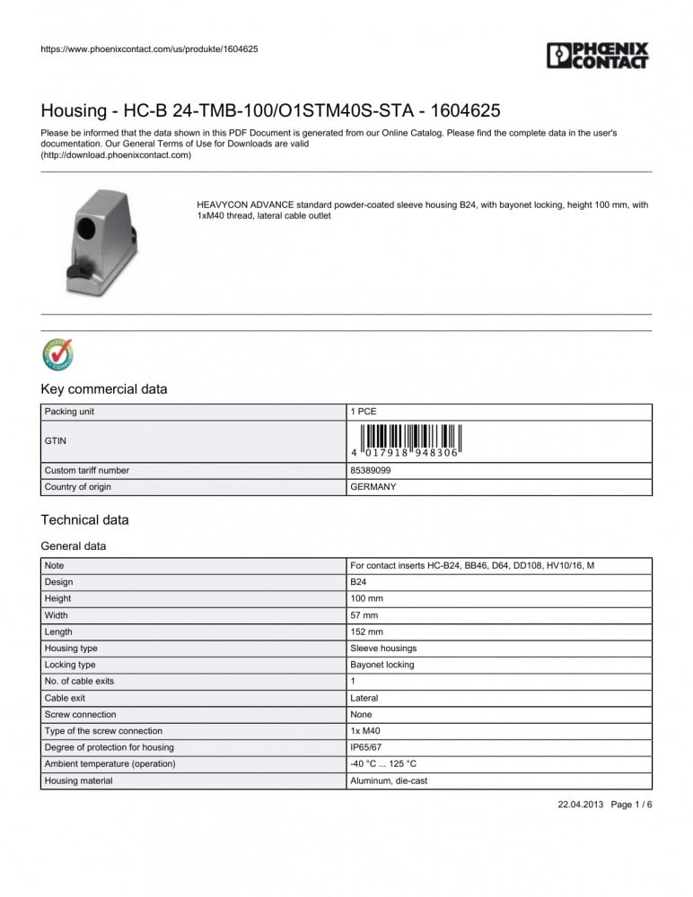 Phoenix Contact 1604625 document page 1