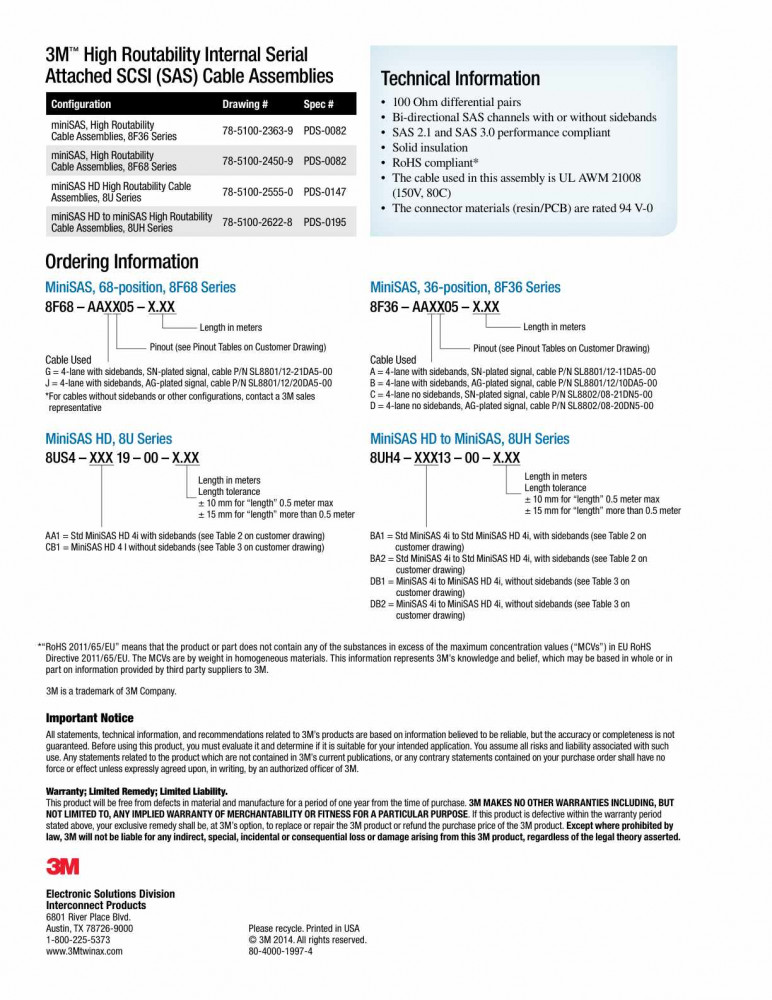 8F36 high-routability internal miniSAS cable assembly documentation, page 2