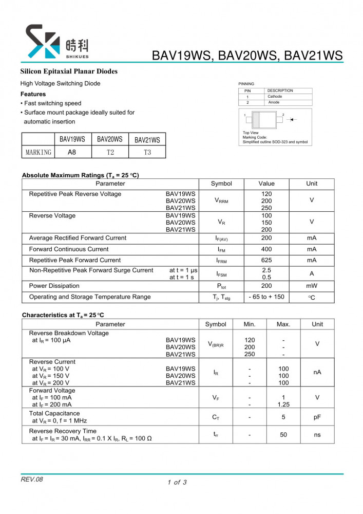 BAV21WS datasheet page 1
