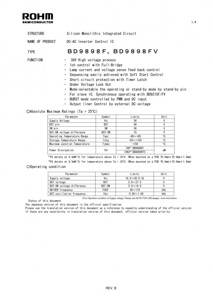 BD9898FV-E2 technical document page 1